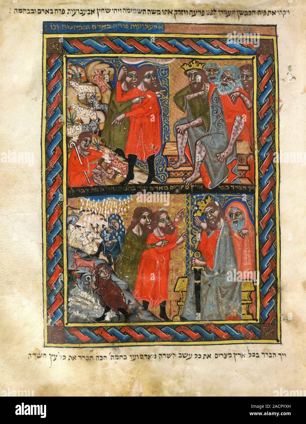 Biblical plagues. 14th-century manuscript illustration of two of the ...