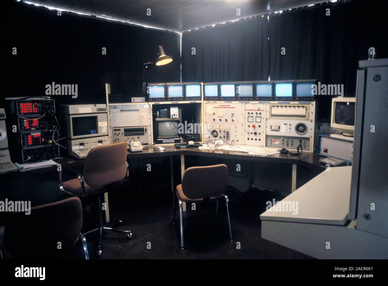 Underwater power line installation. Control room of cable burying ...