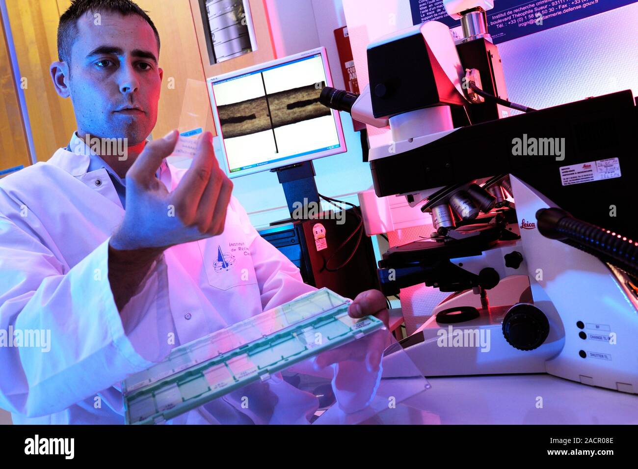 Forensic hair analysis. Forensic scientist using a microscope to ...