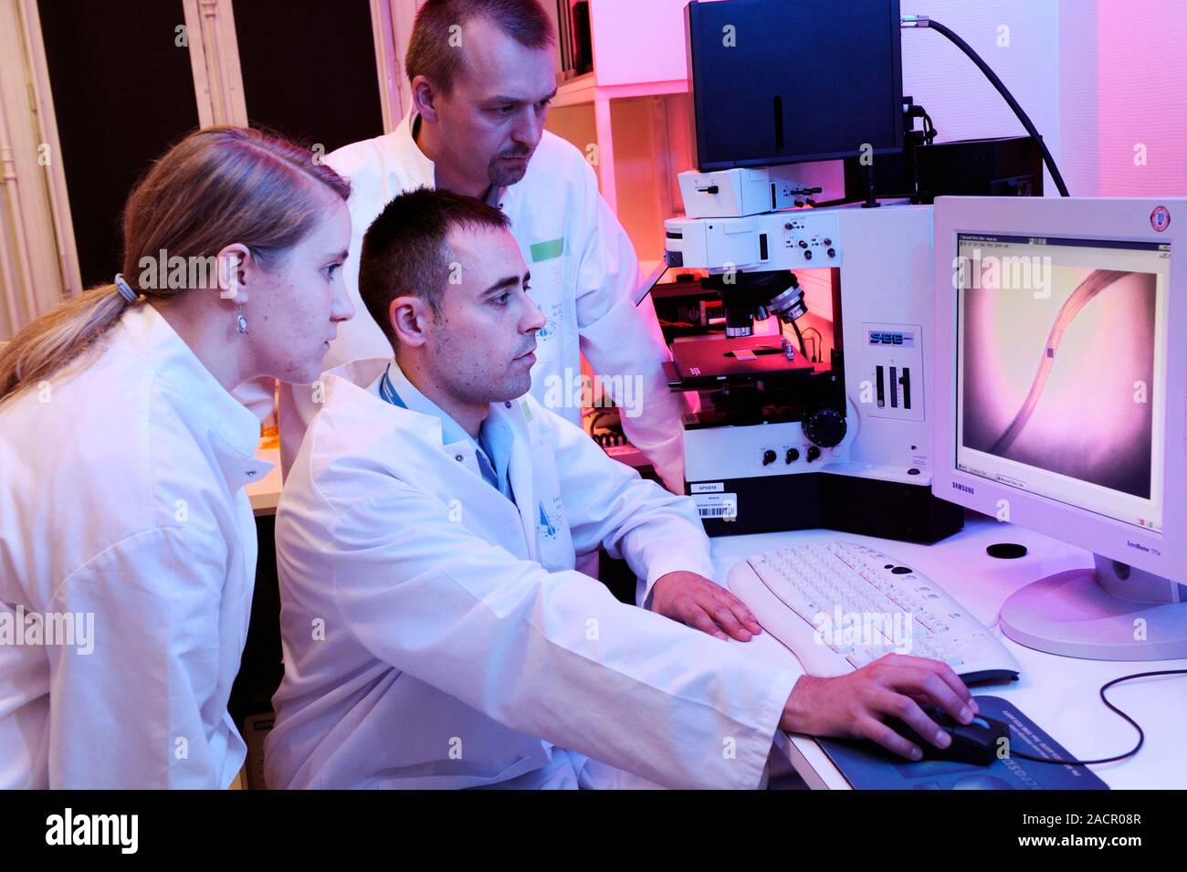 Forensic fibre analysis. Forensic scientists using a microscope to ...