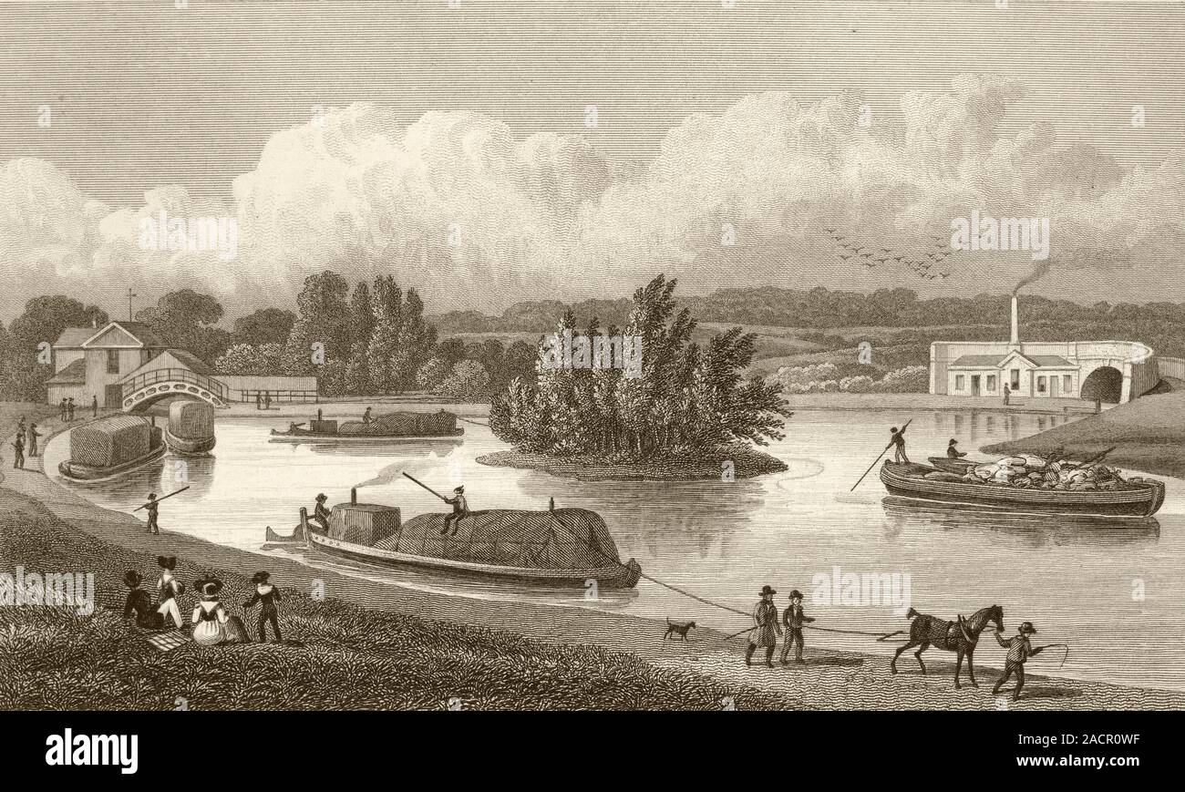 Regent's Canal. 19th-century artwork of the junction of the Regent's Canal at Paddington, London ...
