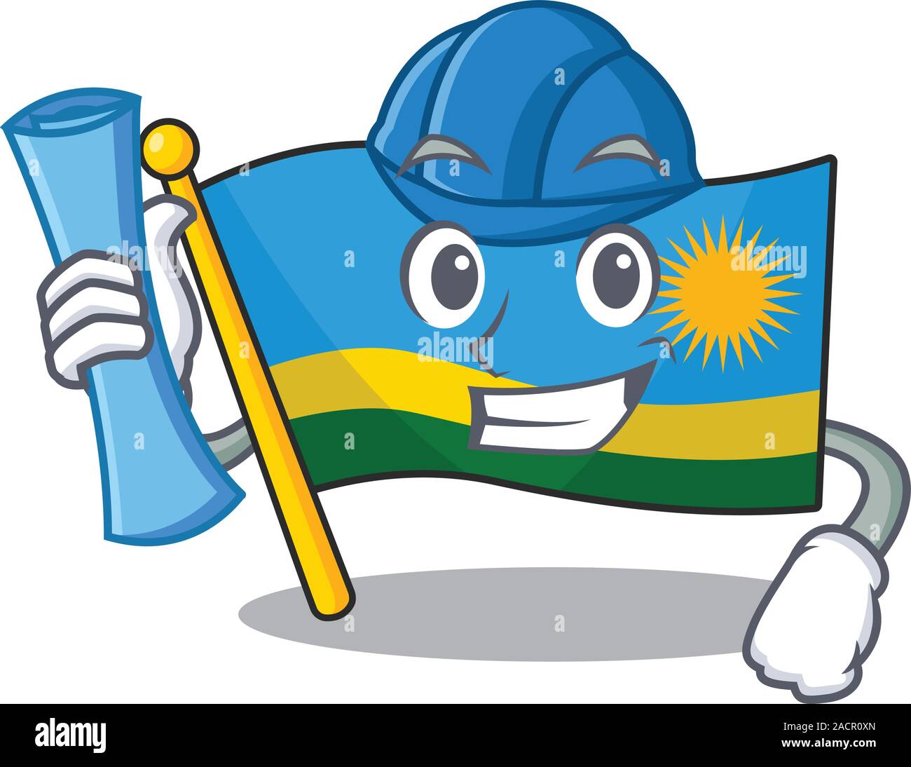 Cheerful Architect flag rwanda cartoon style holding blue prints Stock ...