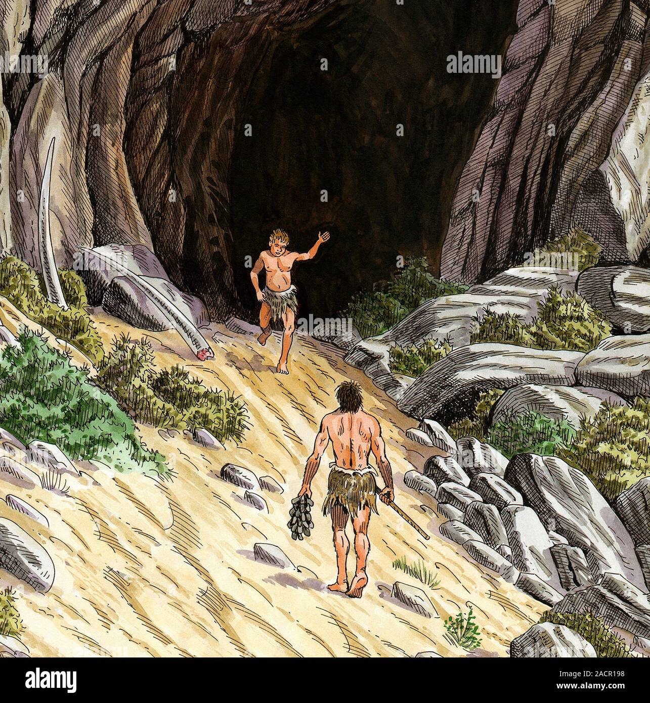 Palaeolithic cave dwellers. Artwork of a hunter in palaeolithic (Stone ...