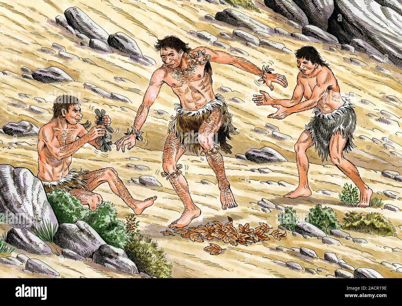 Palaeolithic dancing. Artwork of humans in palaeolithic (Stone Age ...