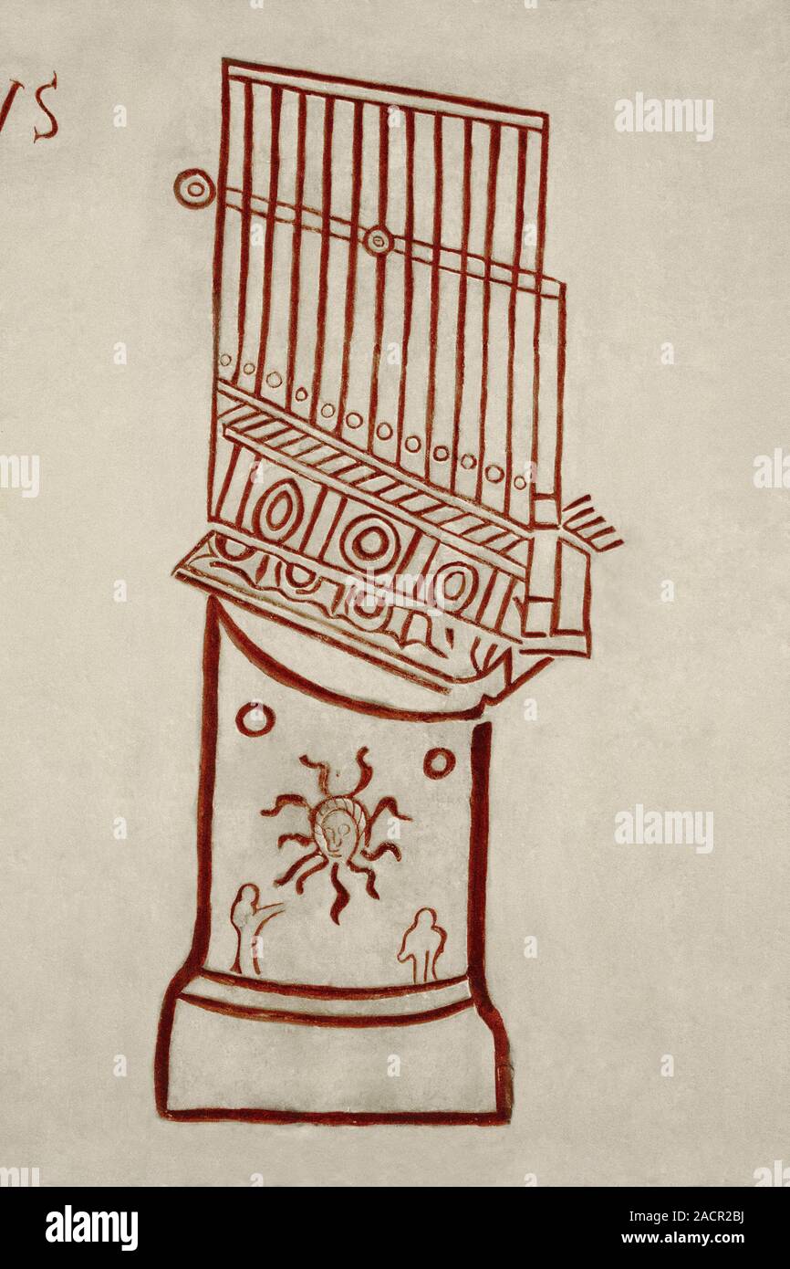 Engraved image of a pneumatic organ on the tomb of Rusticus, Rome, 4th ...