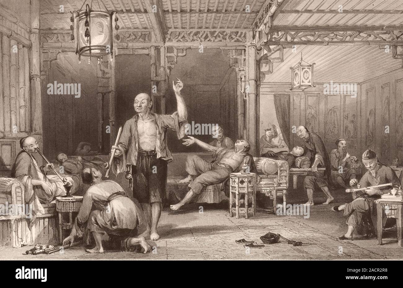 Opium smokers in China. 19th-century artwork of people smoking opium in ...