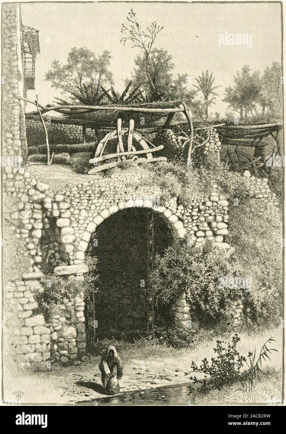Water wheel in Egypt. 19th-century artwork of a type of water wheel ...