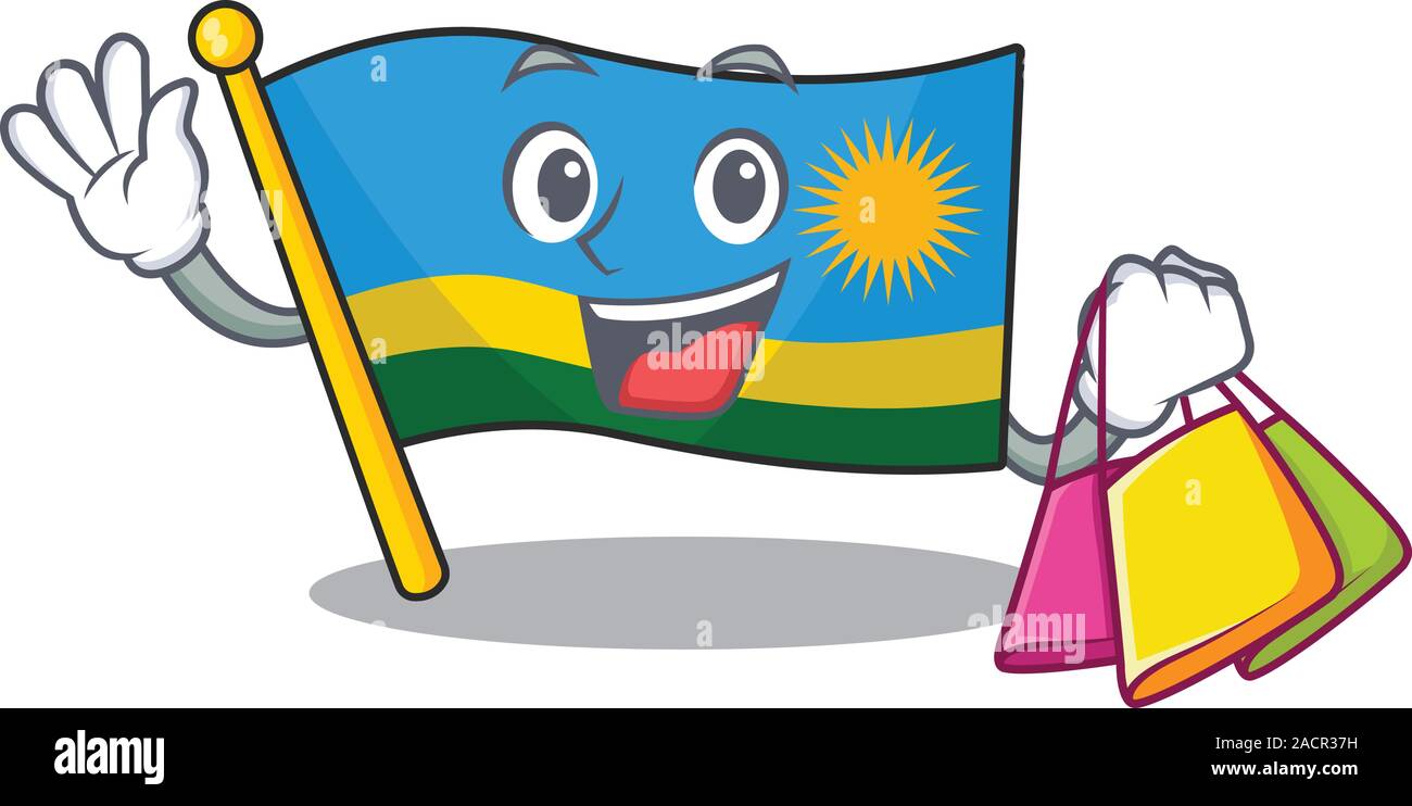 Cheerful flag rwanda cartoon character waving and holding Shopping bag ...