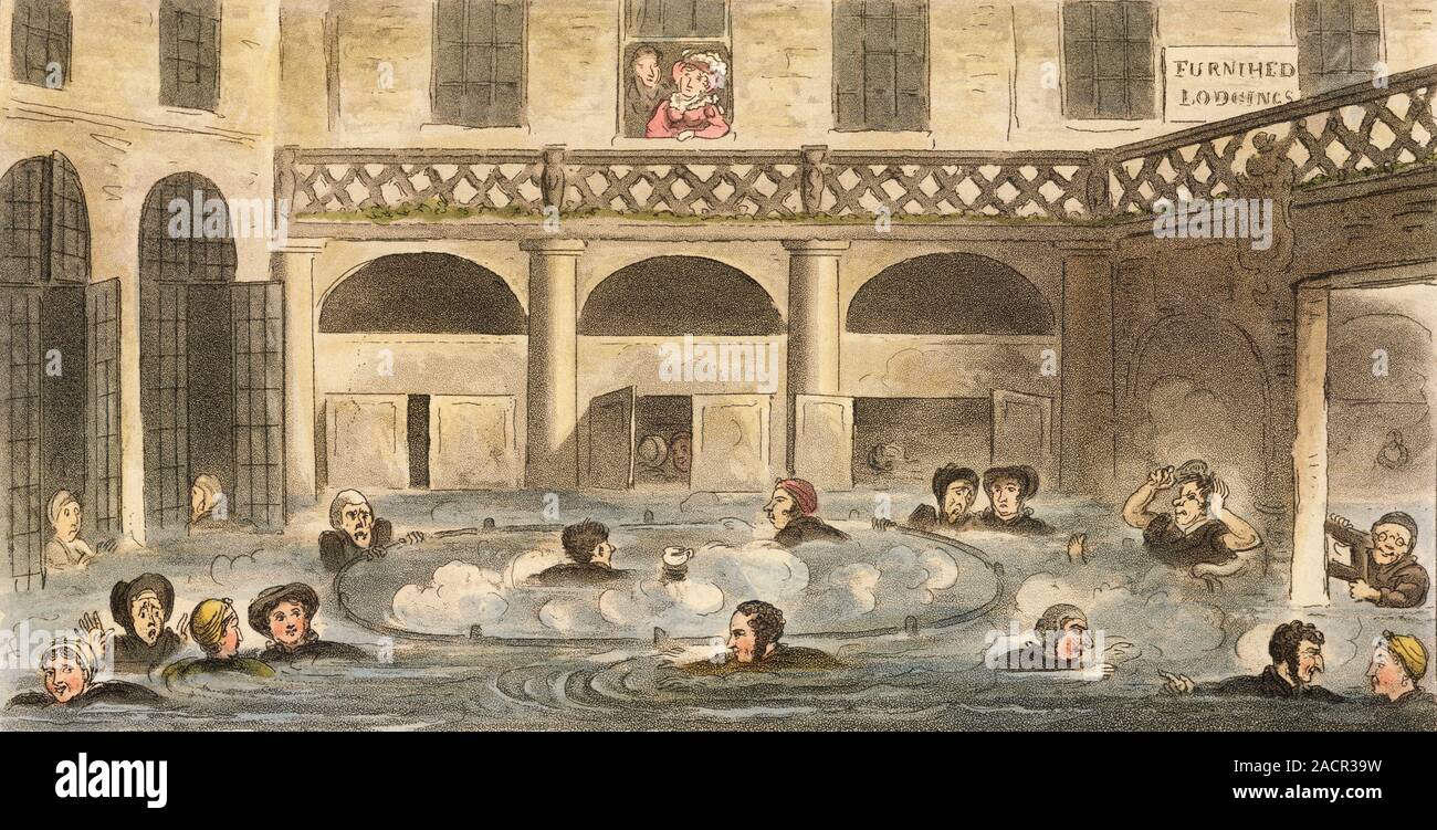 King's Bath hot spring. 19th-century artwork of people bathing in a hot ...