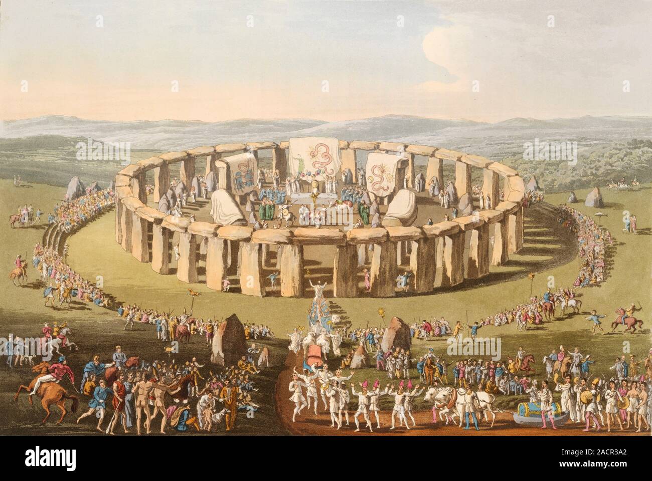 Prehistoric festival at Stonehenge. 19th-century artwork of Ancient ...