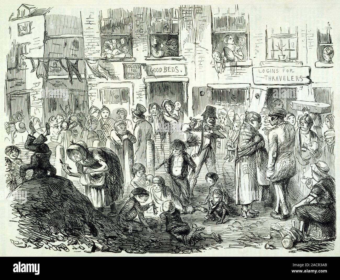 Urban cholera hazards. 19th-century artwork showing a city street and ...