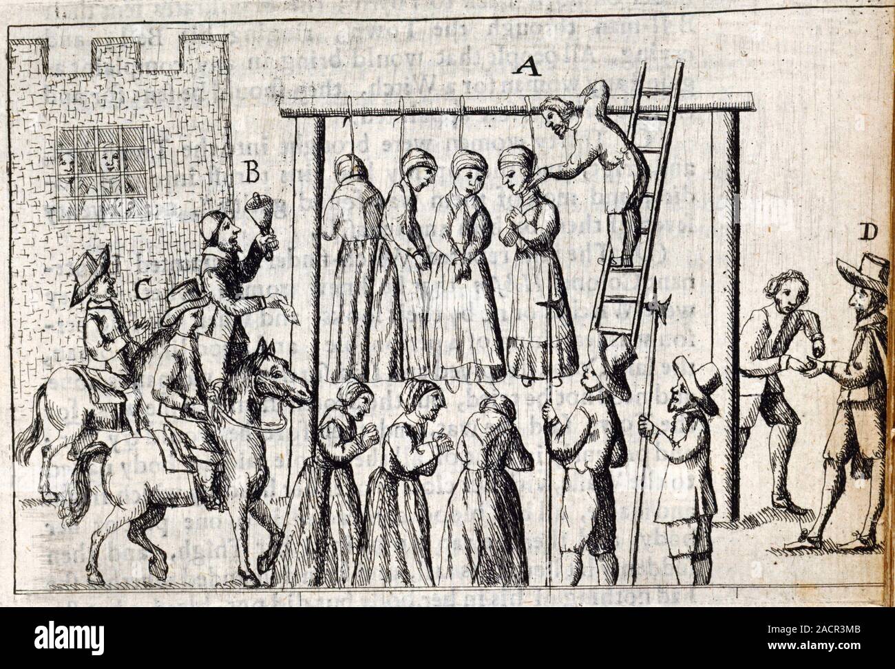 Hanging of witches. 17th-century artwork of seven women being hanged ...