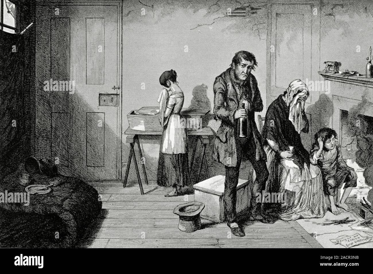 Poverty and alcoholism. 19th-century artwork of a poor family in their ...