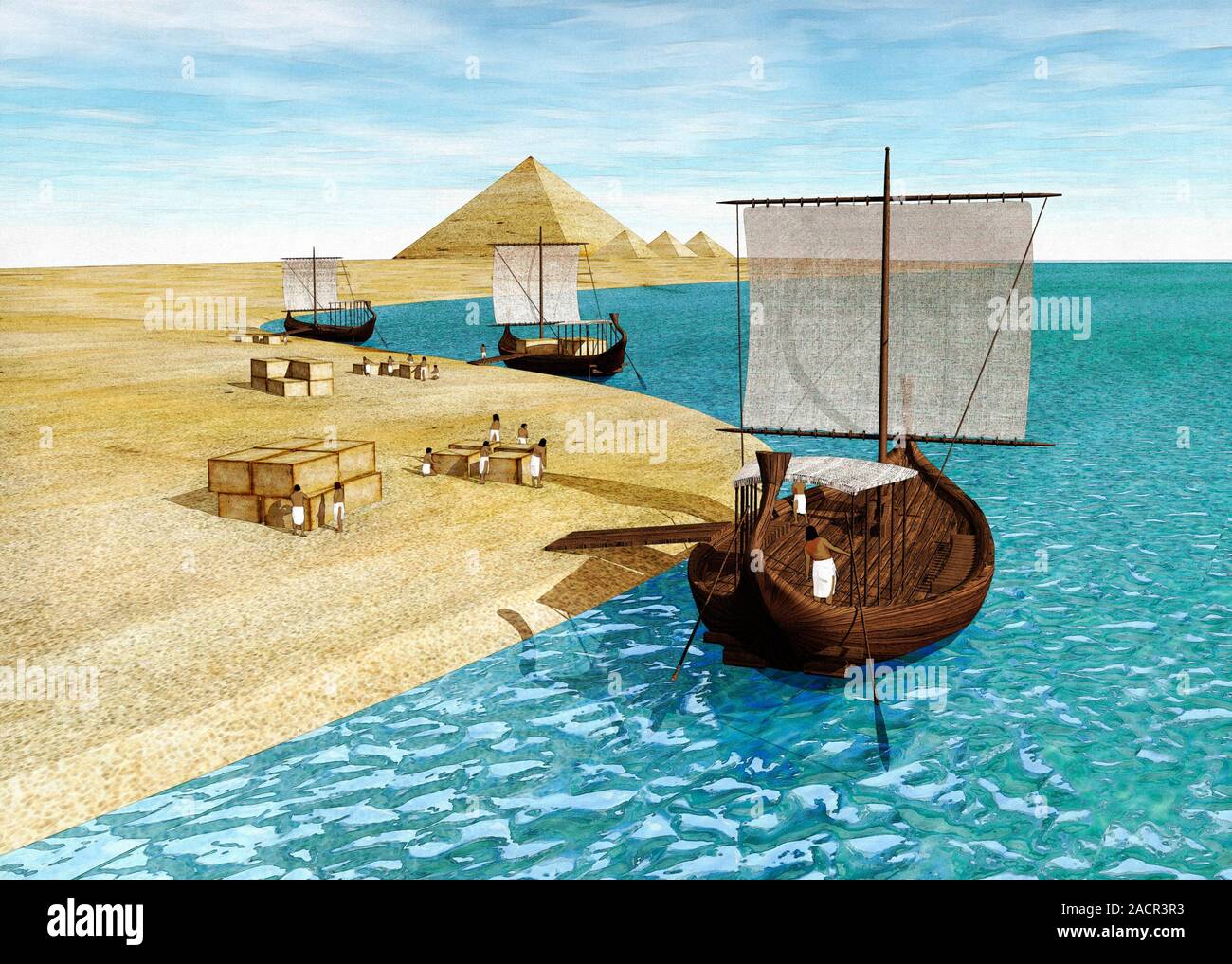 Building the pyramids. Computer artwork of ships transporting the stone ...