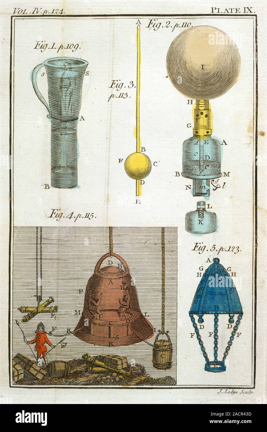 Diving bell and equipment, 18th-century artwork. The design of the ...