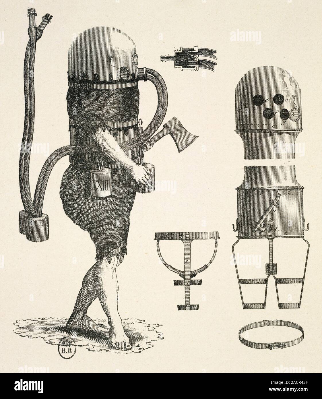 Diving suit and equipment. Historical artwork of an 18th-century diving ...