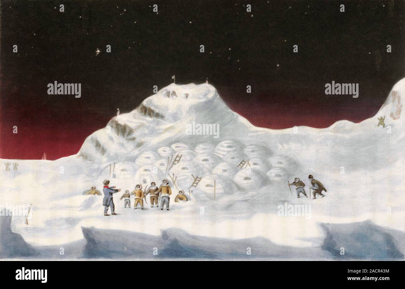 Igloos in the Canadian Arctic. 19th-century artwork of a European ...