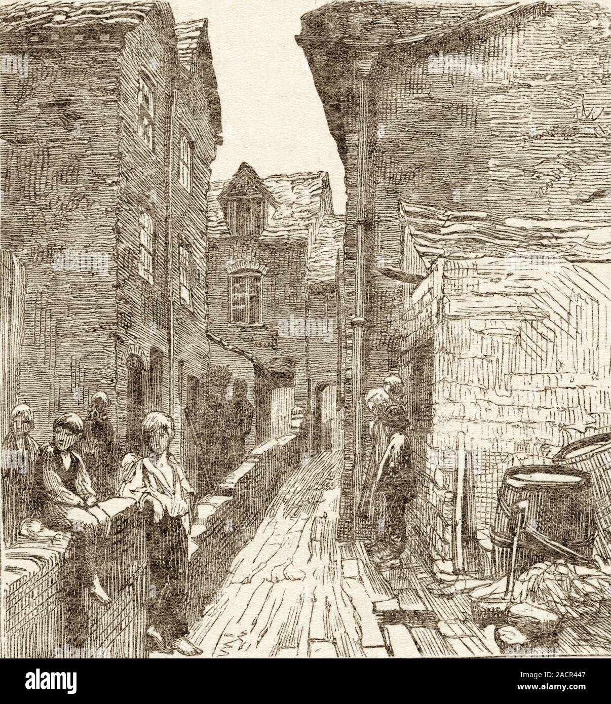Slums in Birmingham. 19th-century artwork of insanitary slum housing in ...