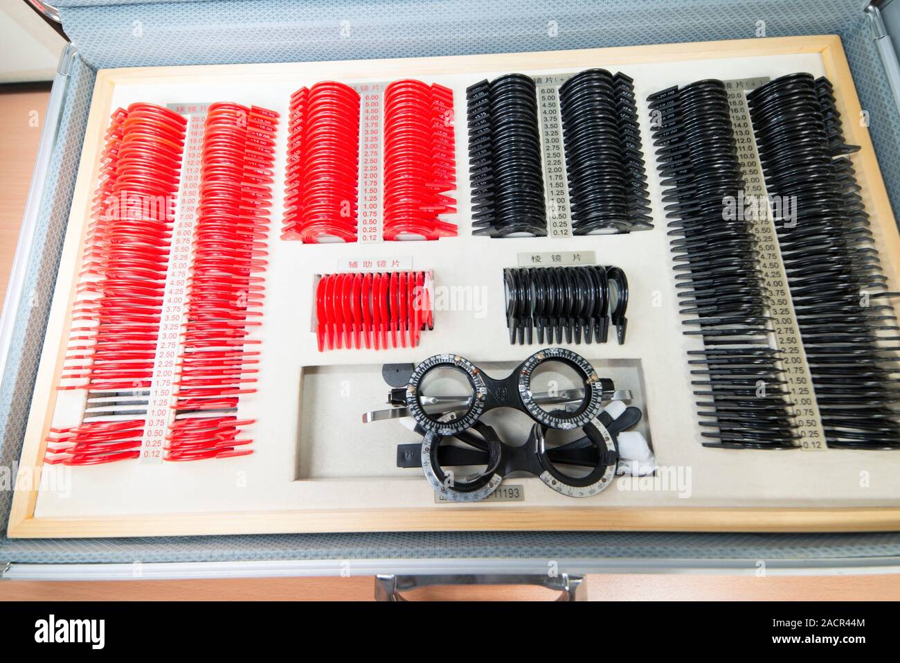 Eyesight test lenses and trial frames. These lenses are used by an ...