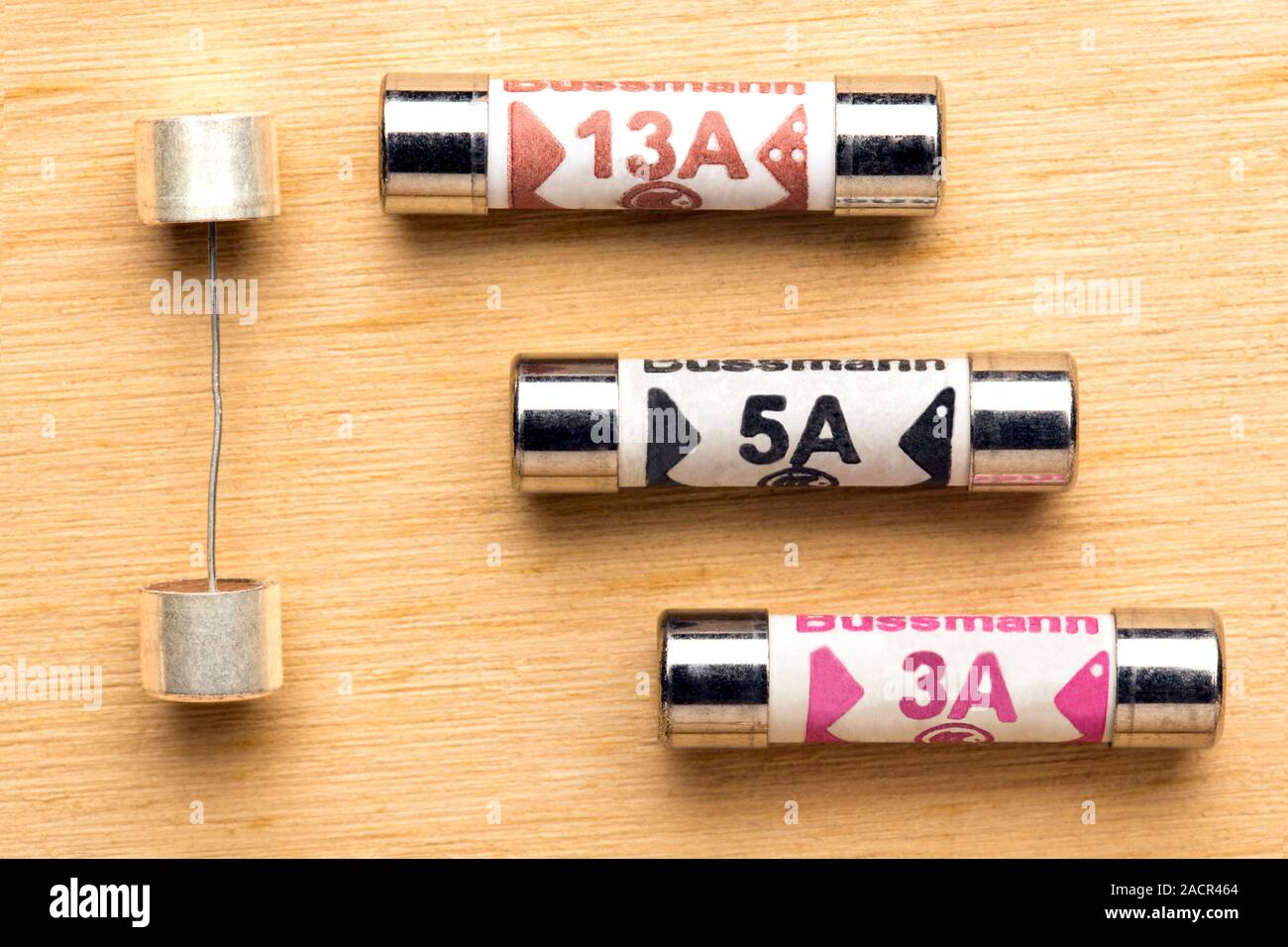 Electrical fuses. Three differently rated electrical fuses for domestic ...