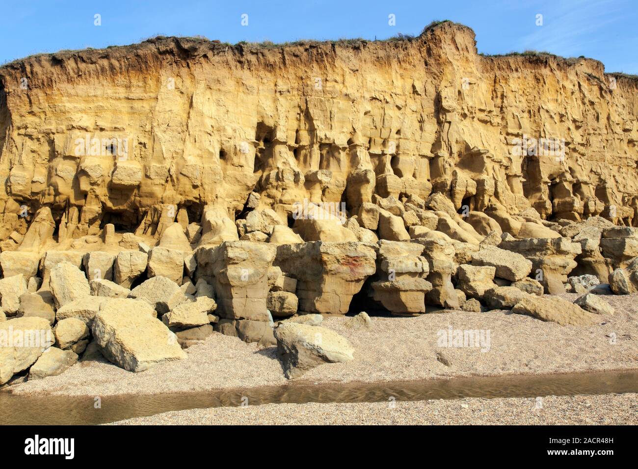 Eroded sandstone cliff. Rockfalls at the base of an eroded sandstone ...