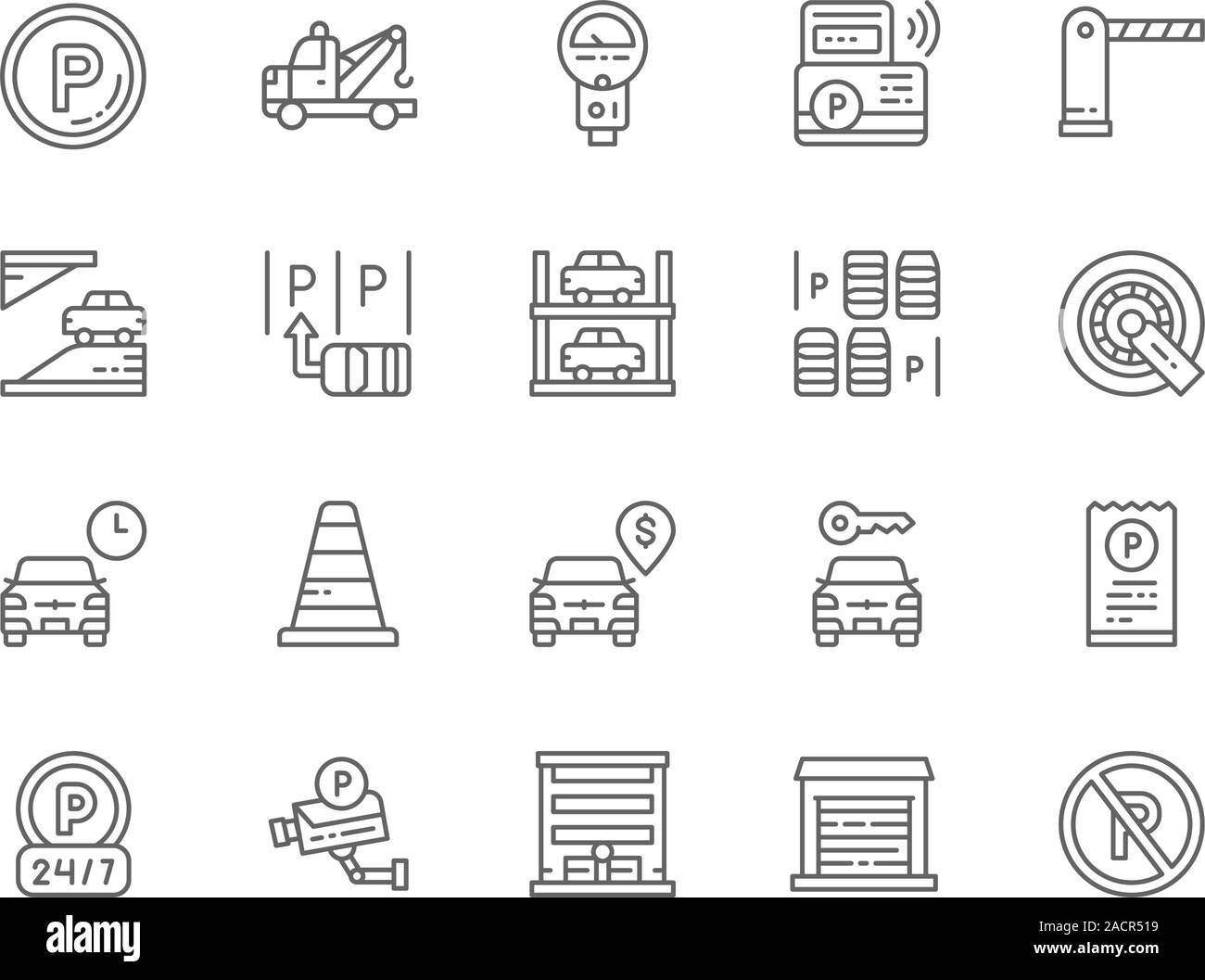 Set of Car Parking Line Icons. Tow Truck, Car Wheel Lock, Traffic Cone ...