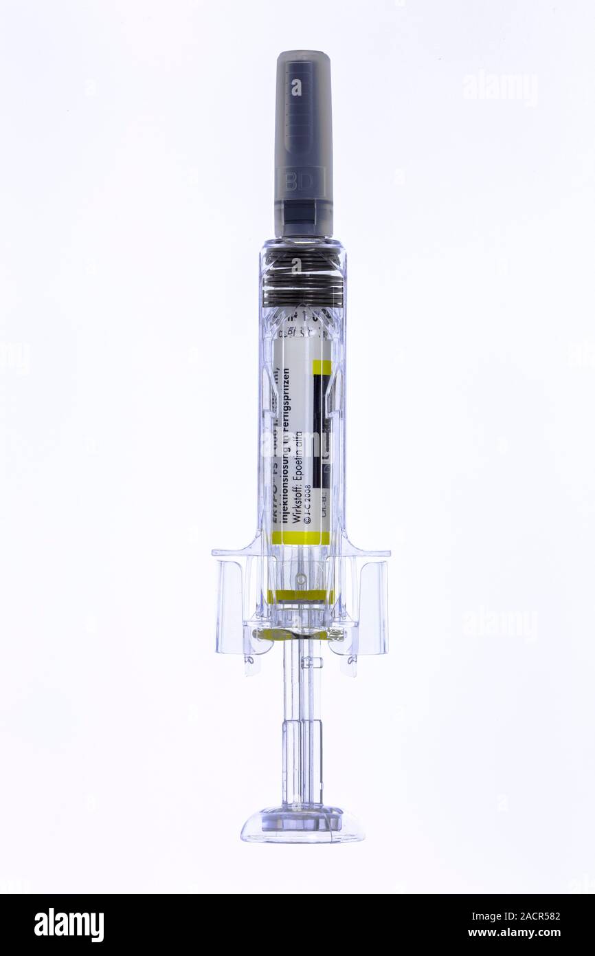 EPO filled syringe. EPO is a naturally occurring glycoprotein hormone ...