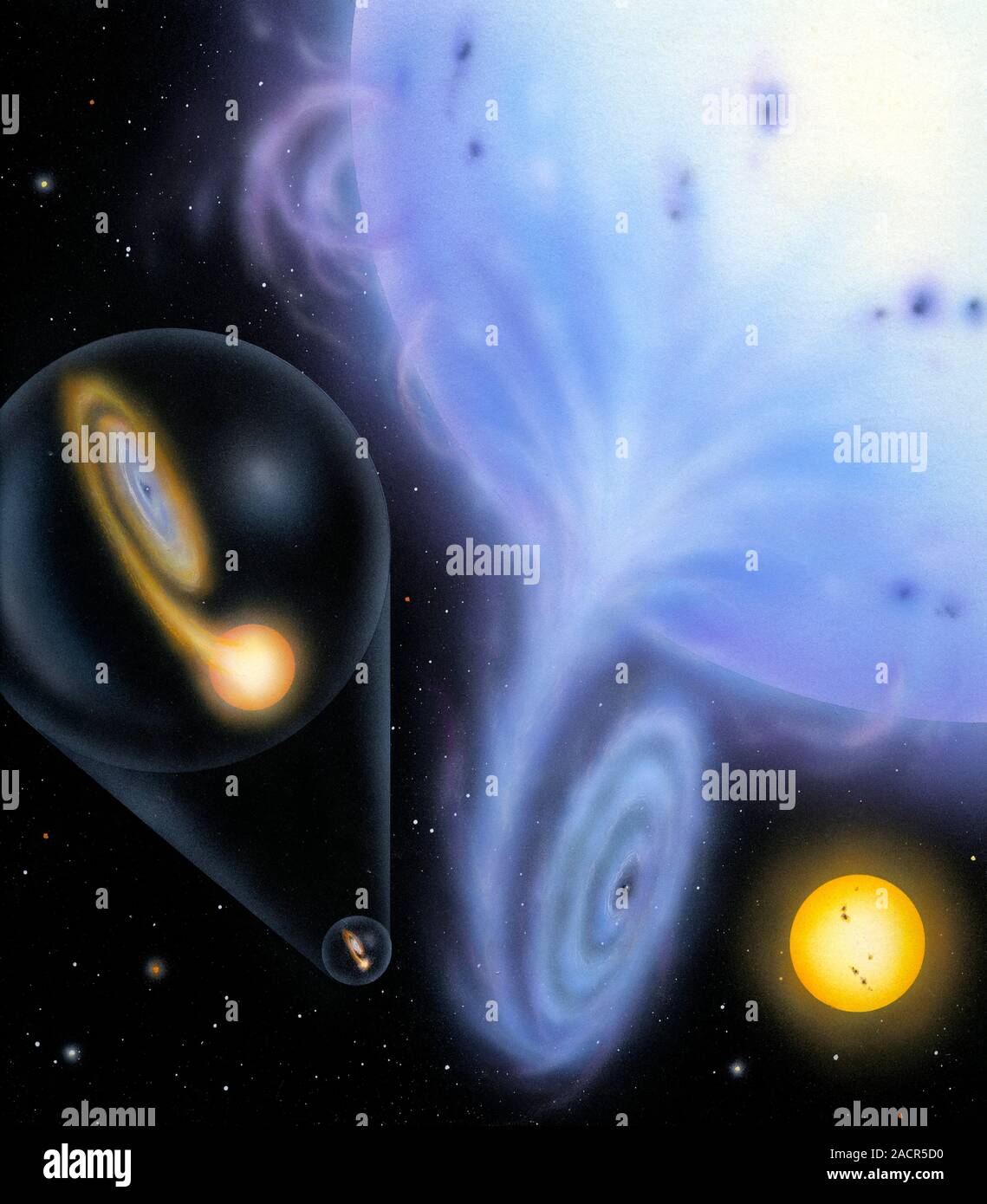 Cataclysmic variable star systems. Computer artwork showing atmospheric matter being drawn from ...