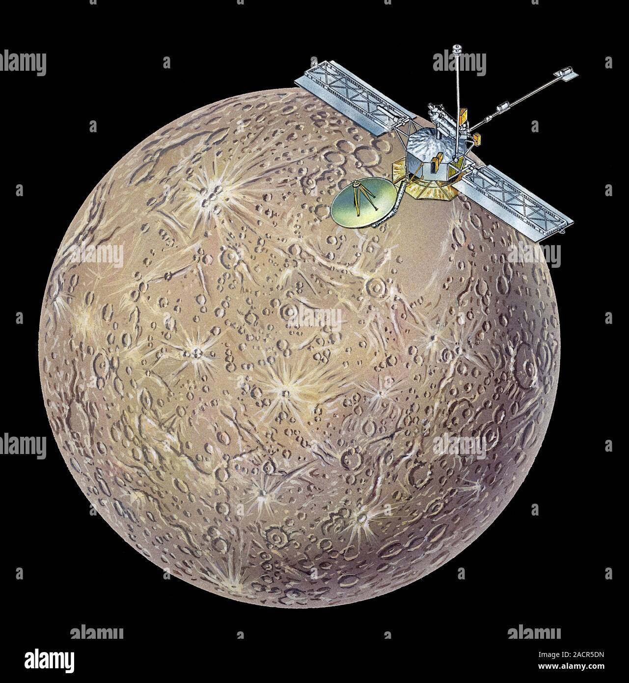 Mariner spacecraft and Mercury. Computer artwork showing a Mariner space probe on a fly-by ...