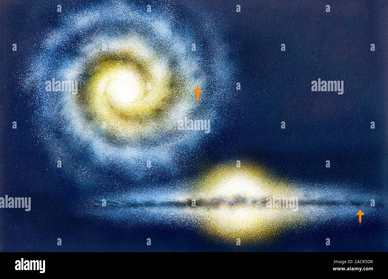 Earth in the Milky Way. Computer artwork of two views of the Milky Way ...