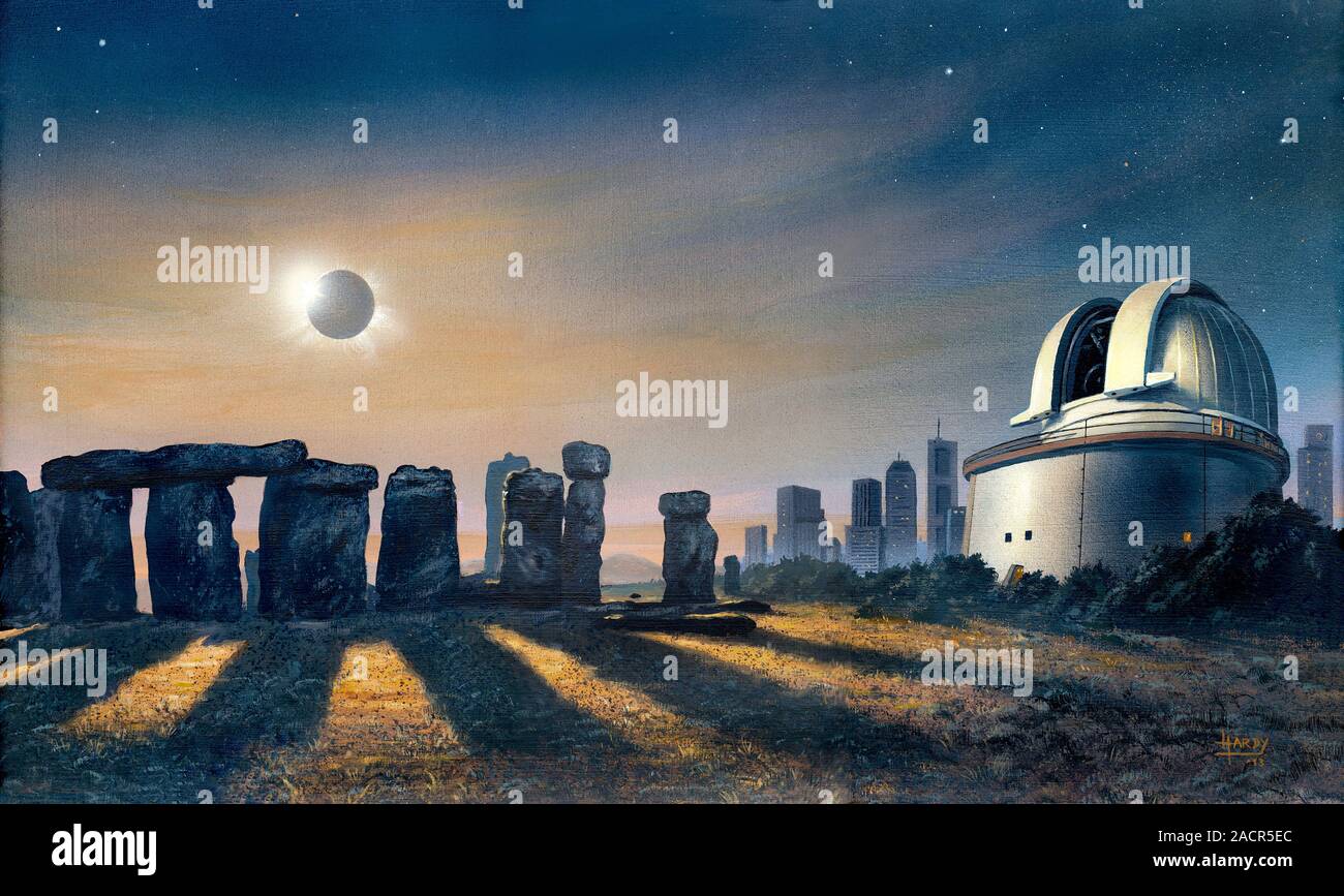 Stonehenge. Computer artwork of an astronomical observatory next to ...