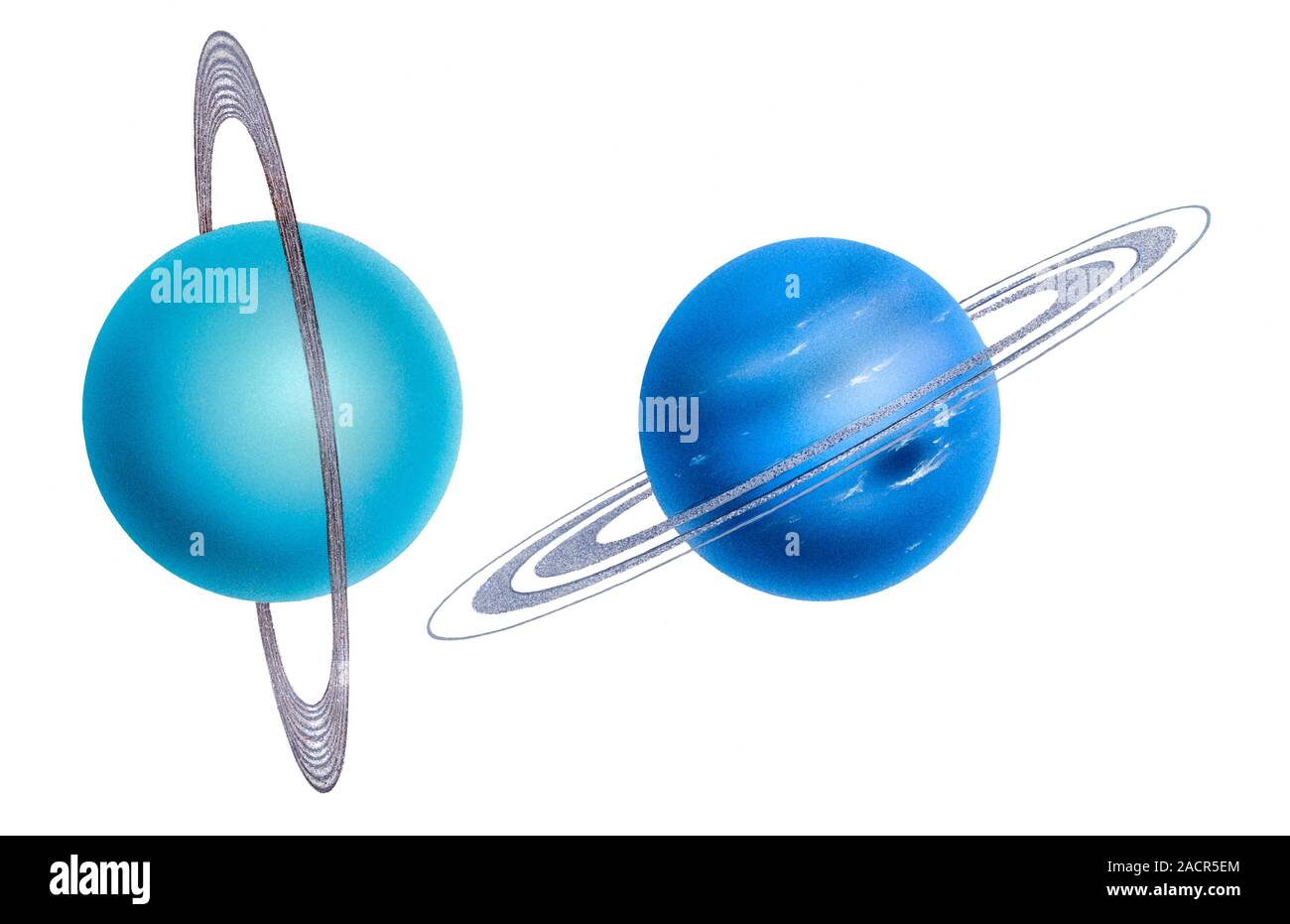 Uranus and Neptune. Computer artwork of the planets Uranus (right) and ...