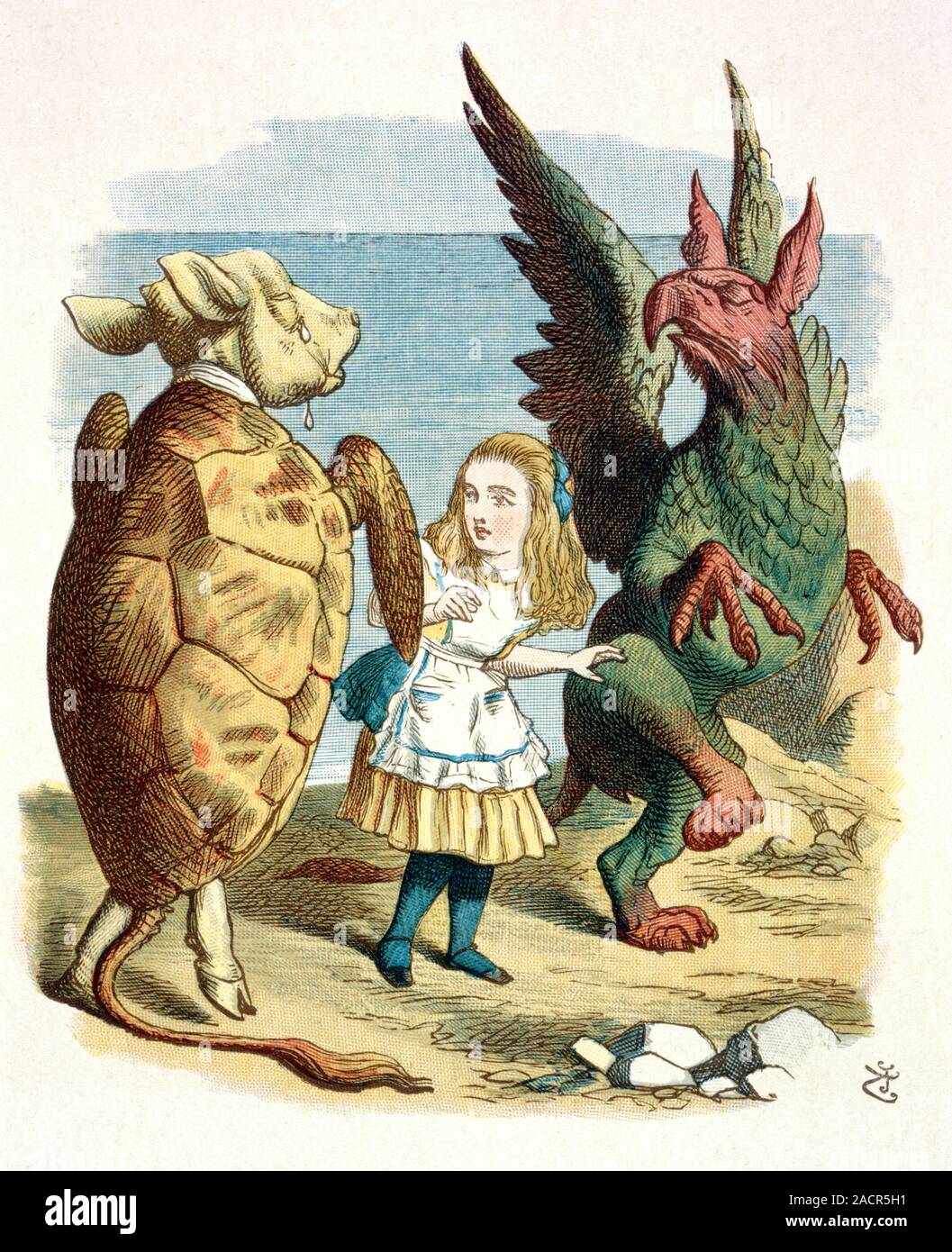Mock turtle and gryphon. Artwork of Alice (centre), the mock turtle ...