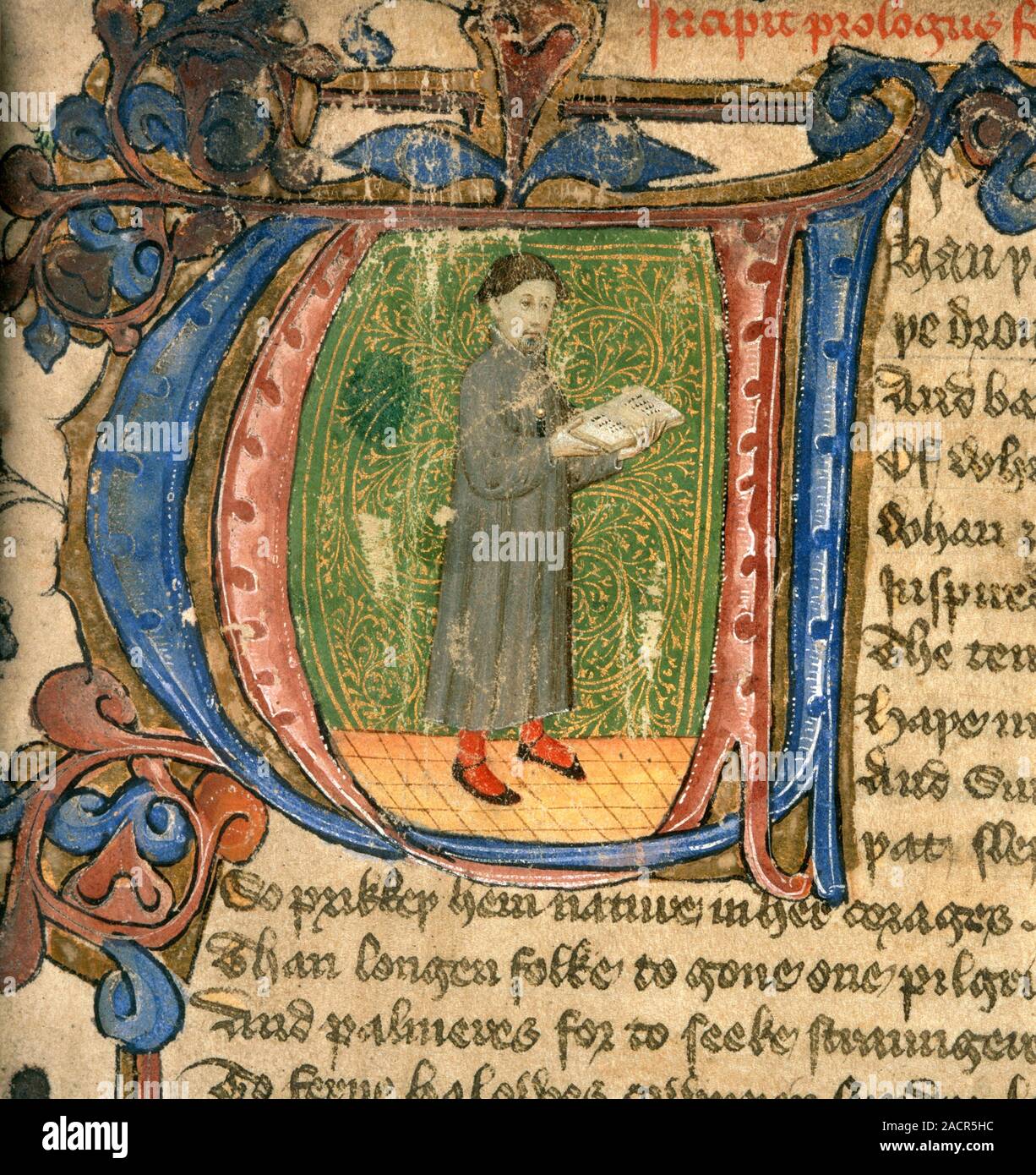 Geoffrey Chaucer (c.1343-1400), English author and poet, holding a book ...
