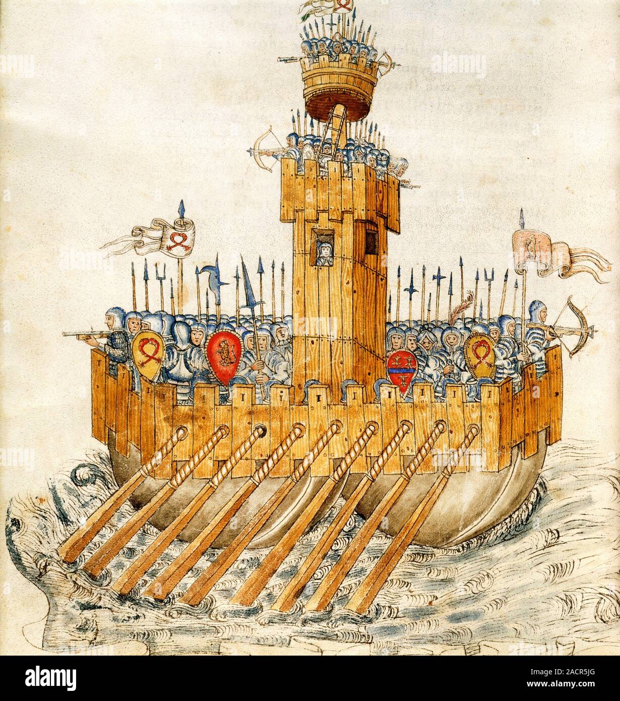 Medieval armed ship. 15th-century artwork of an oared warship (galley ...
