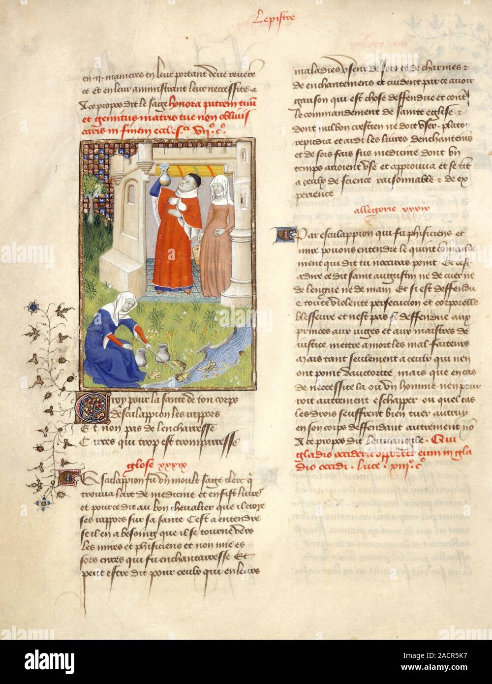 Asclepius and Circe. 15th-century manuscript page with text in Middle ...