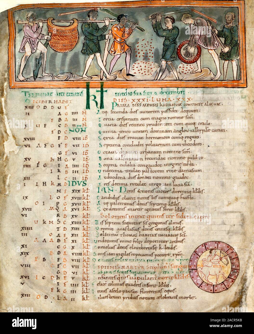 Month of December. Anglo-Saxon calendar page for December, showing men ...