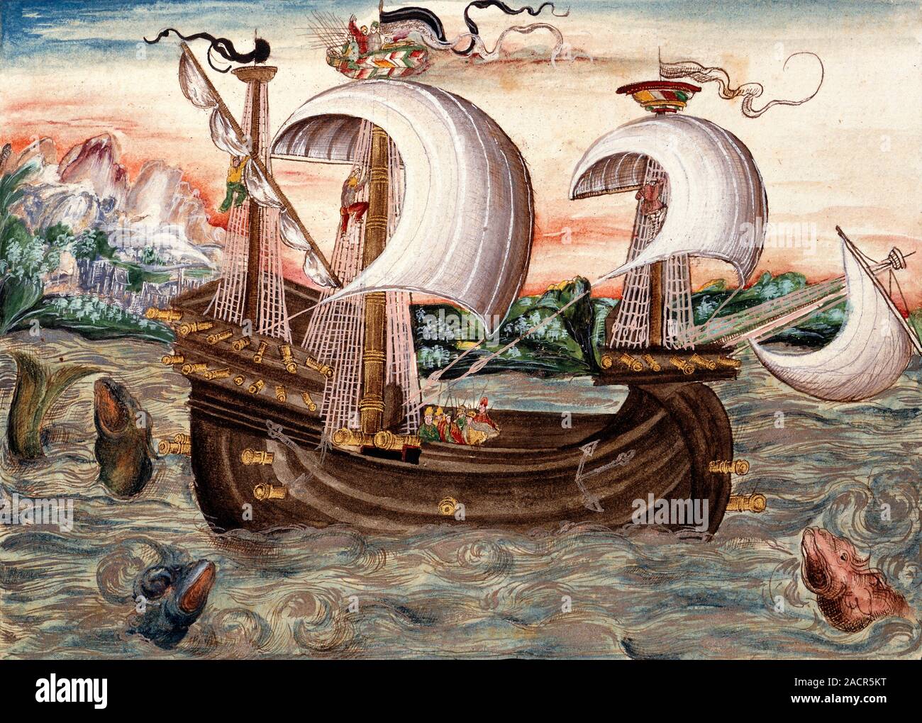 Galleon sailing to Portugal. 16th-century artwork of the galleon 'St ...
