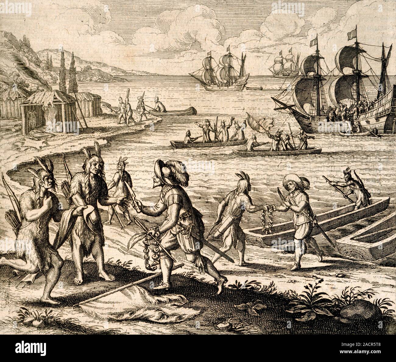 Europeans trading in Newfoundland. 17th-century artwork of English ...