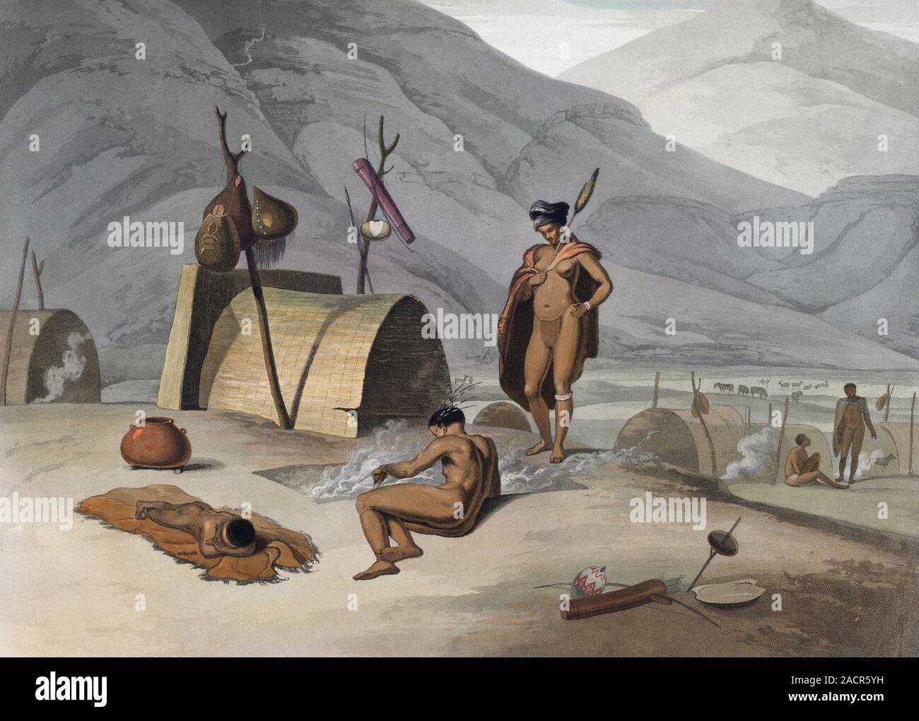 Bushman camp. 19th-century artwork of members of a Bushman family in ...
