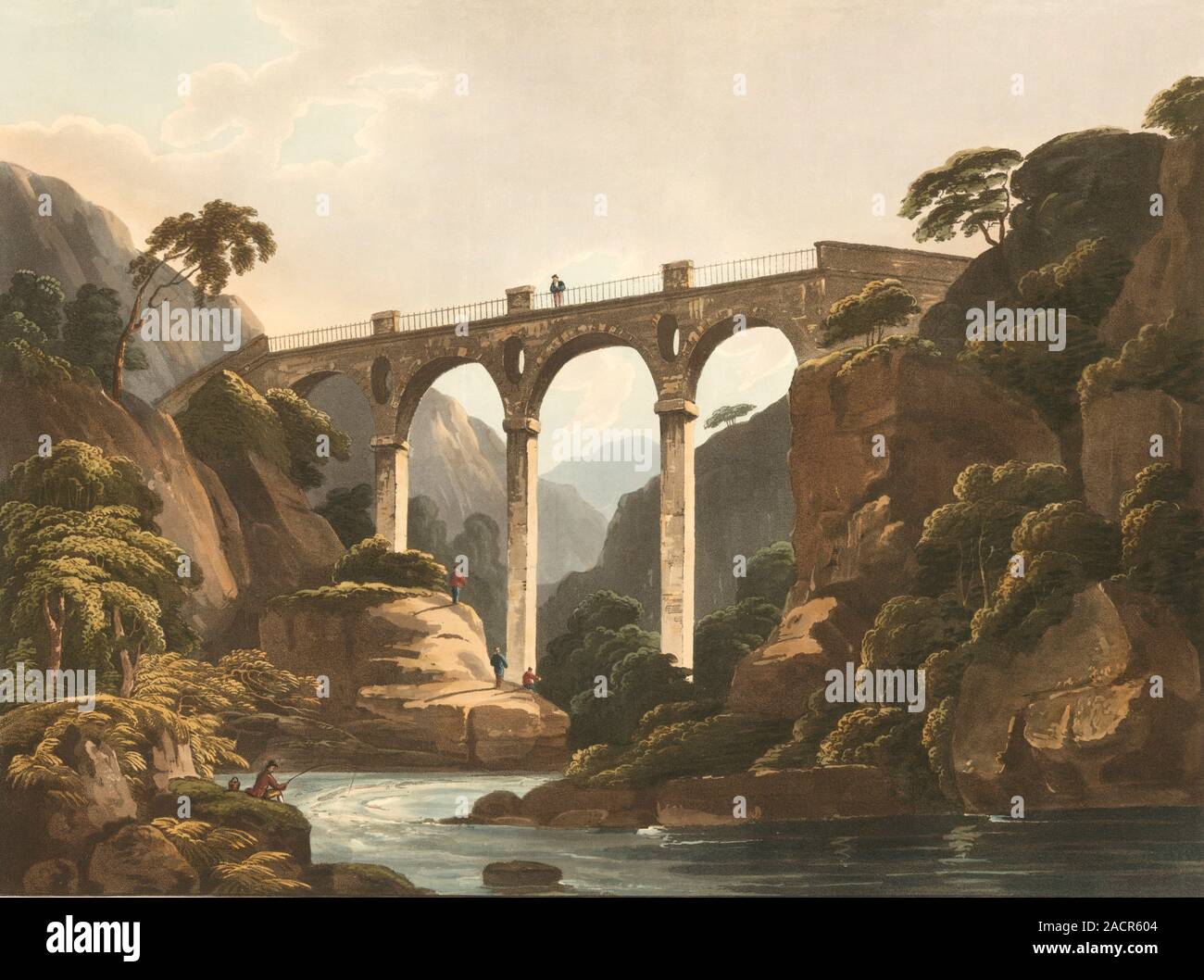 Llantrissent Bridge. 19th-century artwork of a narrow footbridge over ...