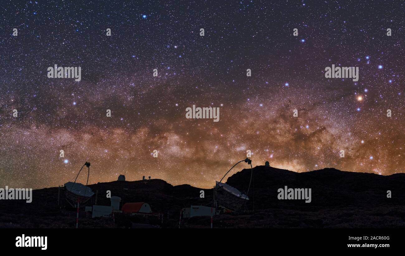 Milky Way over La Palma observatory. View of the Milky Way galaxy in ...