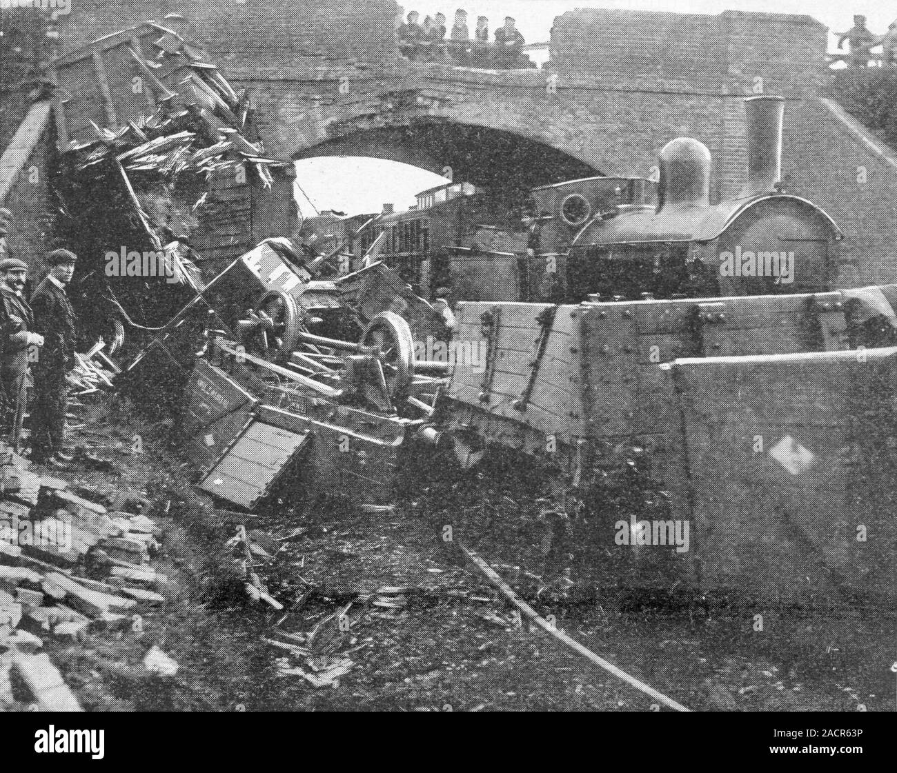 Railway accident, 19th century. Aftermath of an accident at a bridge ...
