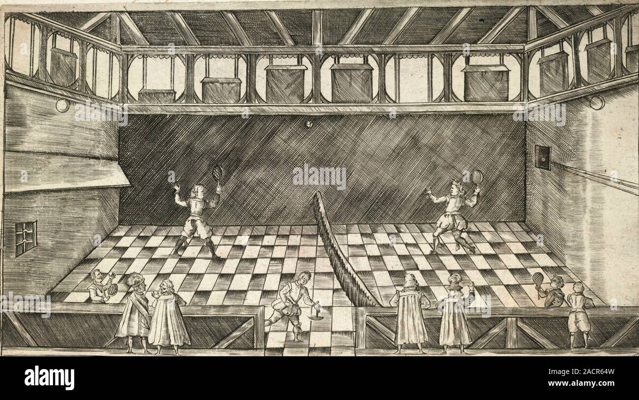 Game of real tennis. 17th-century artwork of two men in Germany playing ...