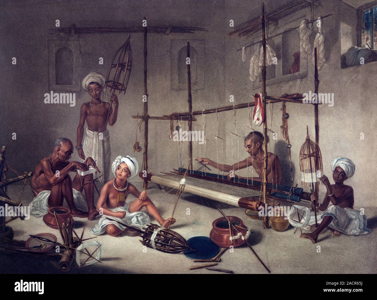 Loom, artwork (circa 1800). Weavers winding off the thread of a loom ...