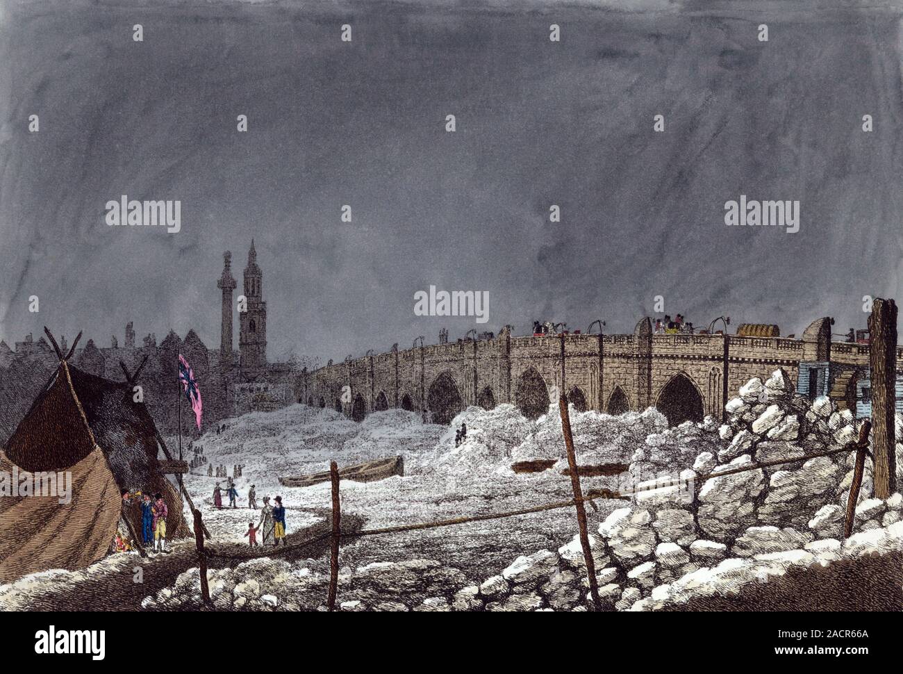 River Thames frozen at London Bridge. This artwork depicts the scene on ...