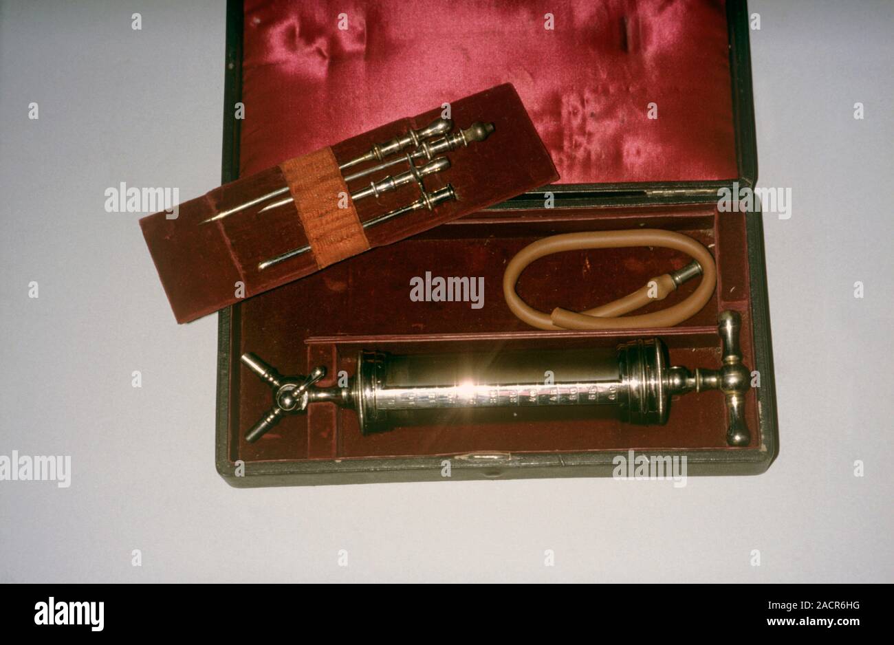 Nineteenth century aspirator syringe in its case with needles. This ...