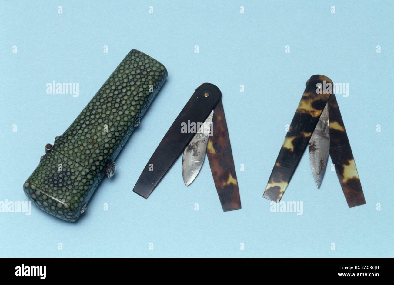 Green shagreen (rough, granular surfaced leather) lancet case with two ...
