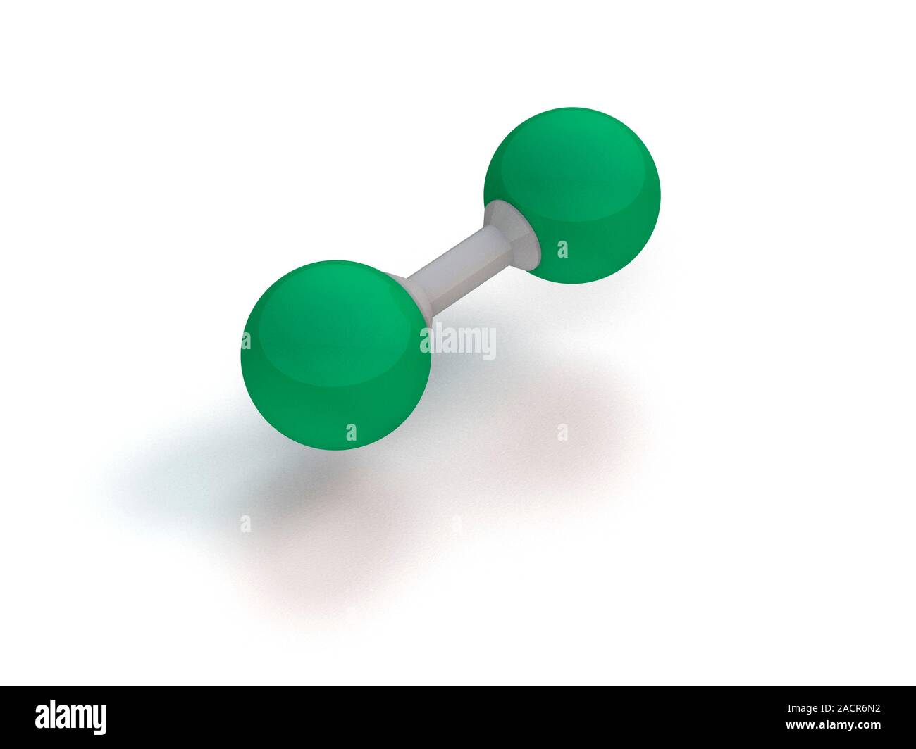 Chlorine molecule. Computer artwork showing the structure of a molecule ...