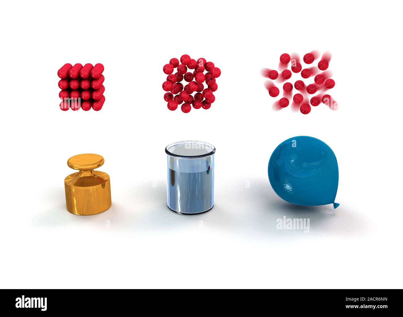 States of matter, computer artwork. From left to right the three states ...